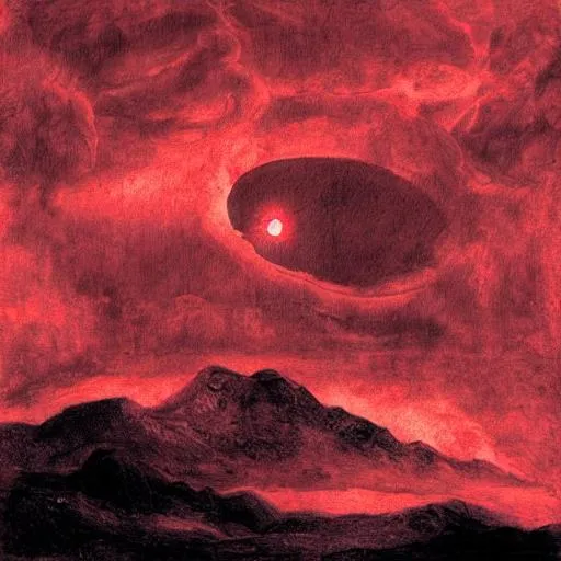 Hellscape mountains deep red clouds and a horned dem... | OpenArt