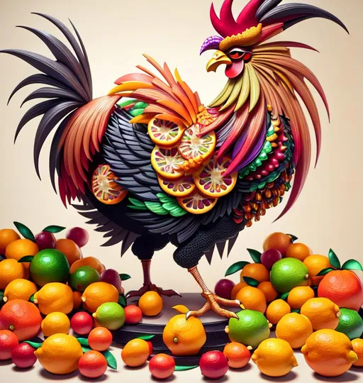 Render of a rooster made out of citrus fruits, intri... | OpenArt