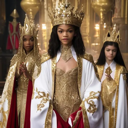 five princencess, zendaya, white robe, gold crowns,...