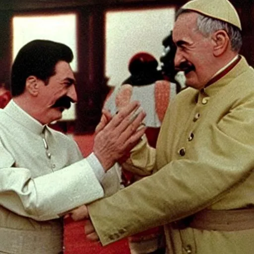 Stalin meets the Pope and kisses him on the hand. | OpenArt