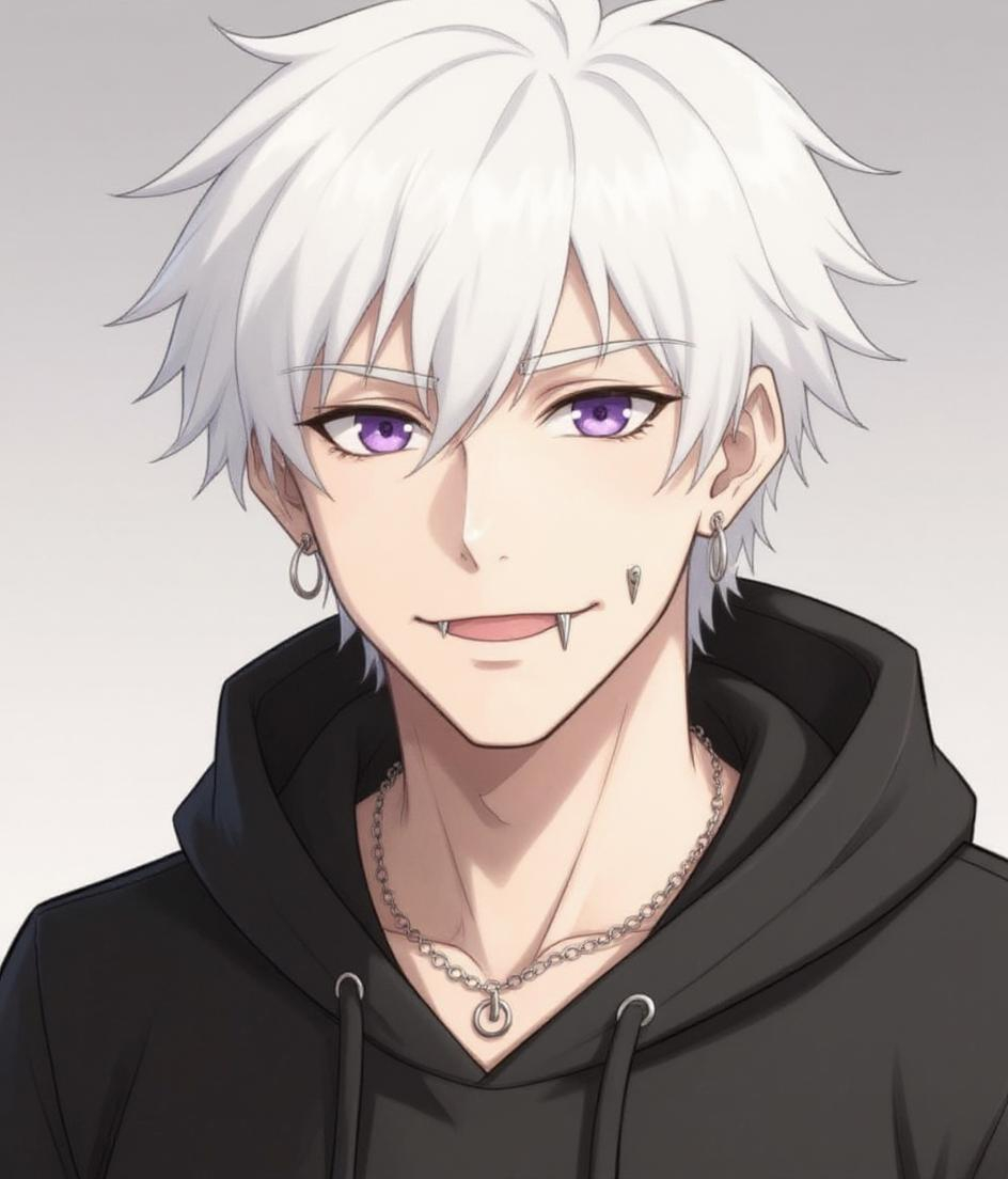 Anime boy with fluffy, soft-looking white hair and d...