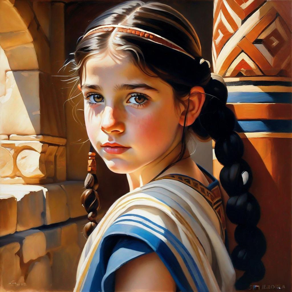 A 13 years old Greek girl, pale skin, freckles, blac...