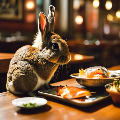 A rabbit sitting on a table in a restaurant eating a...
