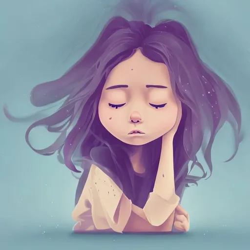 Girl sitting on side, sad face, sad eyes, flying hair, | OpenArt