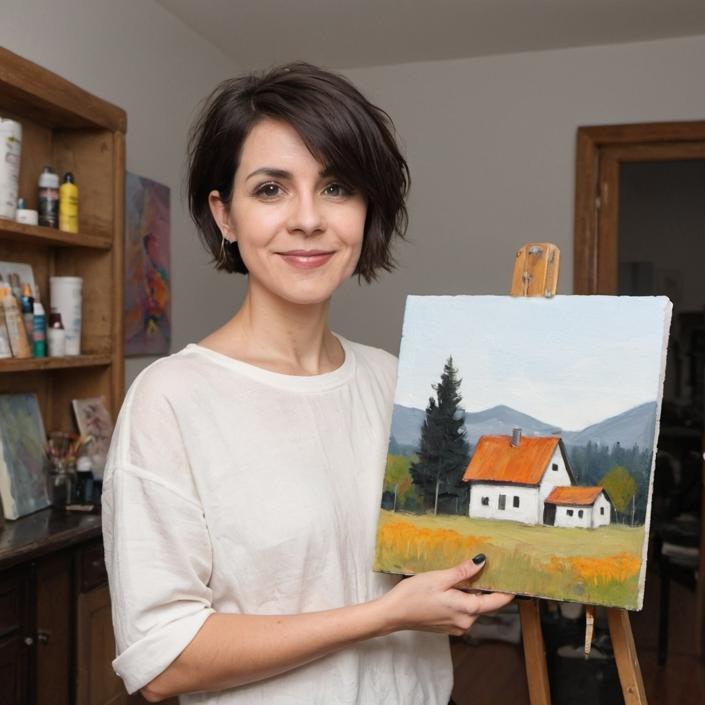 An short hair artist holding her painting