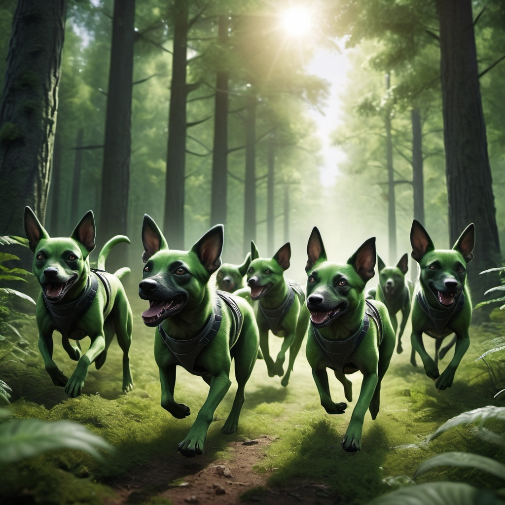 Photorealistic illustration of a pack of green alien...