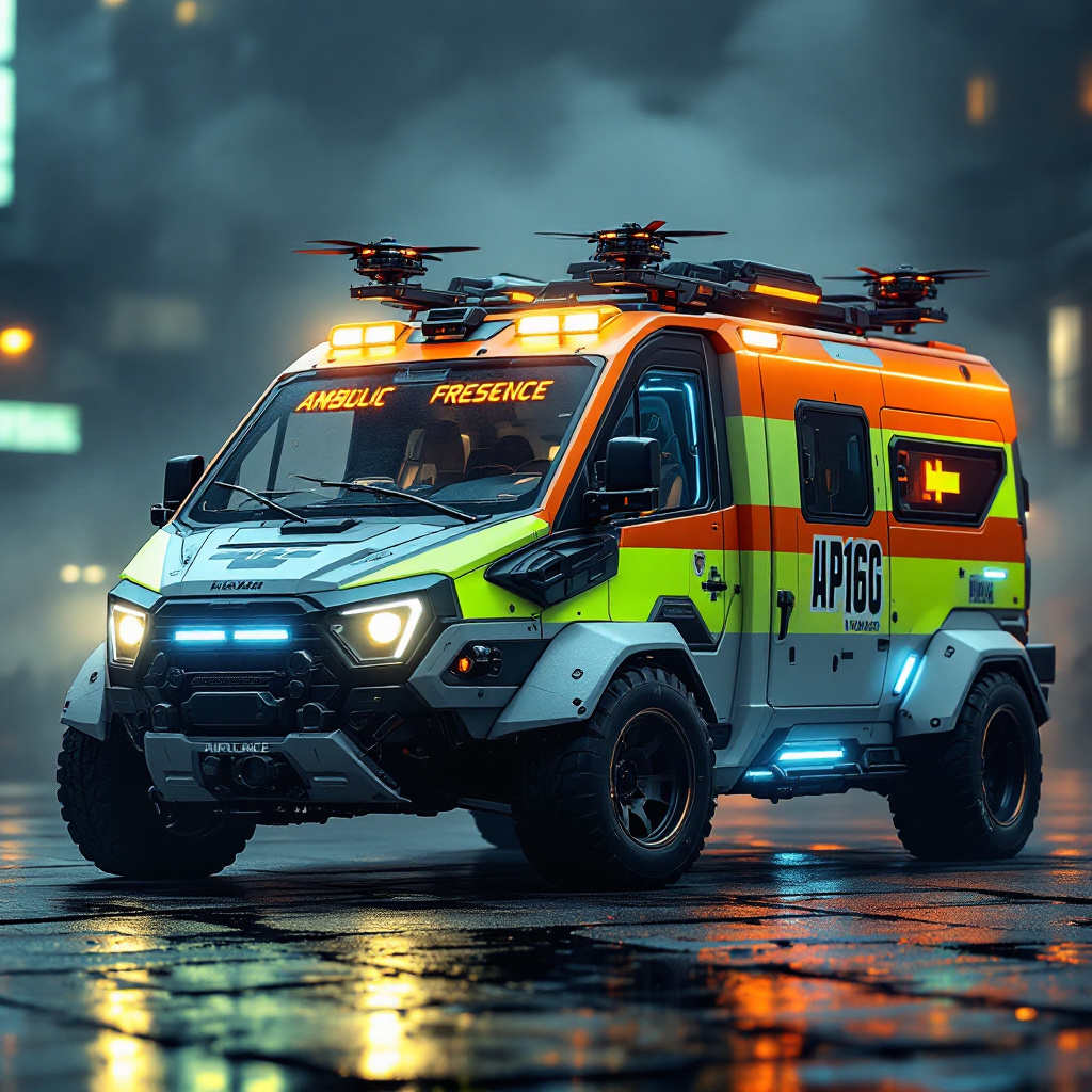 futuristic cyberpunk emergency rescue vehicle, hybri...