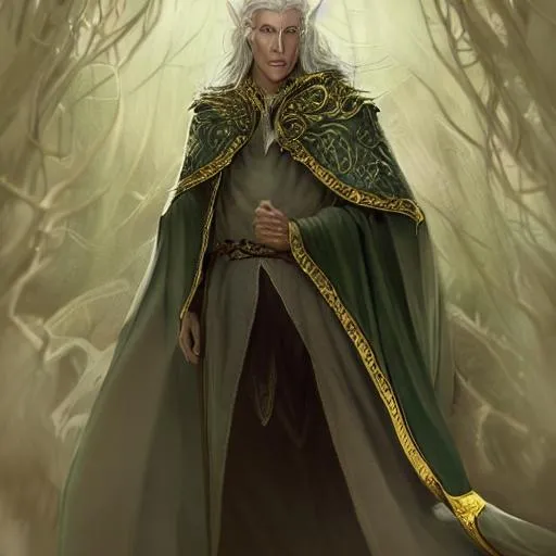 portrait of an Elven king with white hair, green eye...