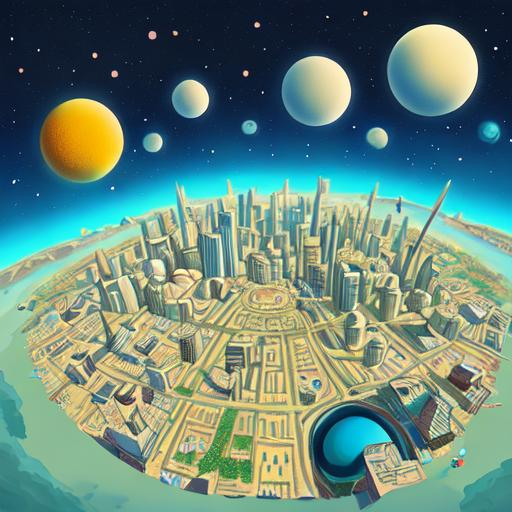 Illustration of a city on a planet in the style of t... | OpenArt