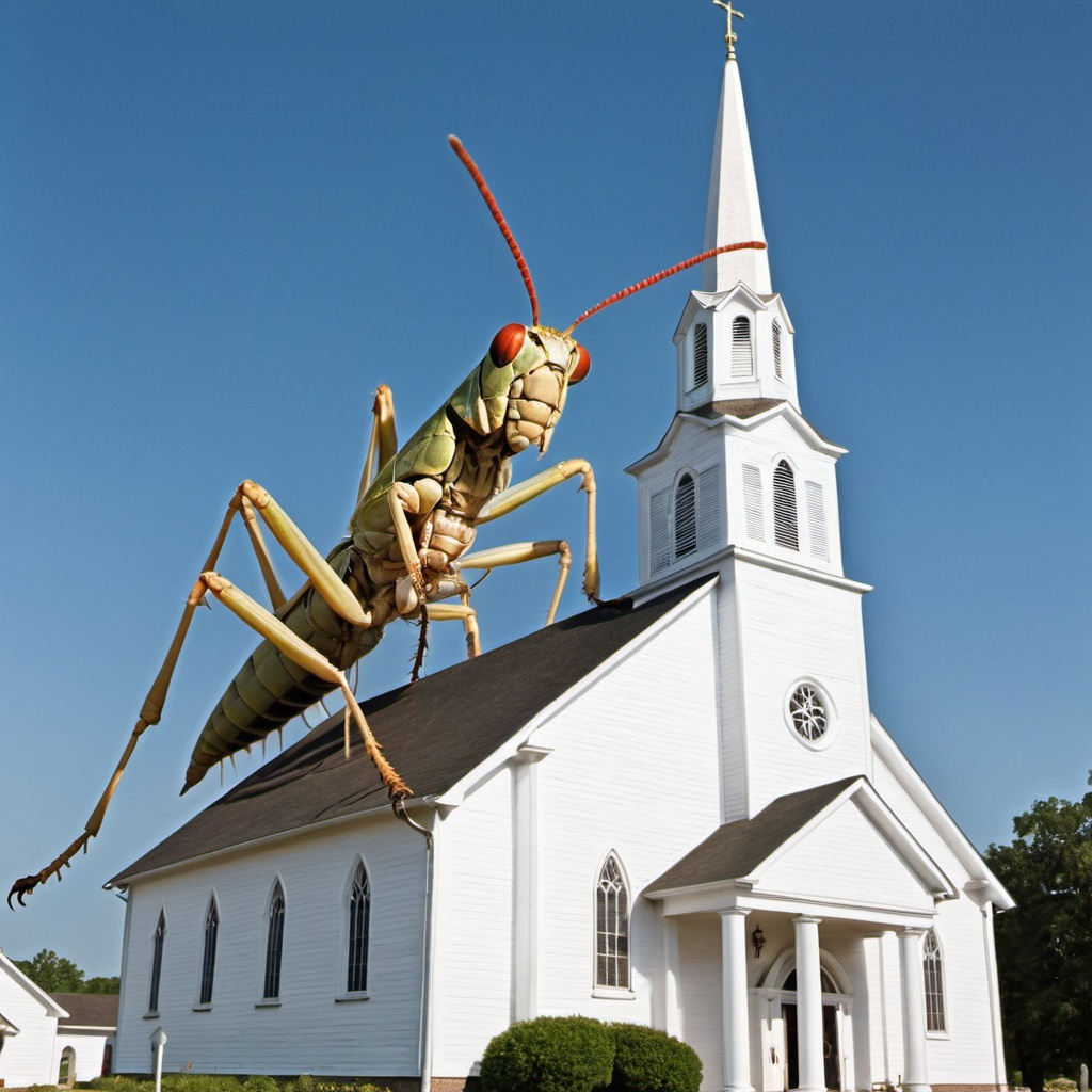A giant locust attacking a white church with steeple