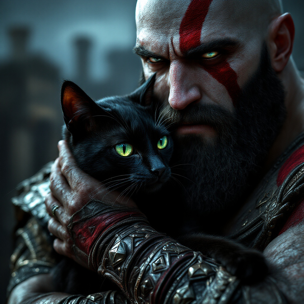 Kratos hugging a black cat with a scar of the cats face