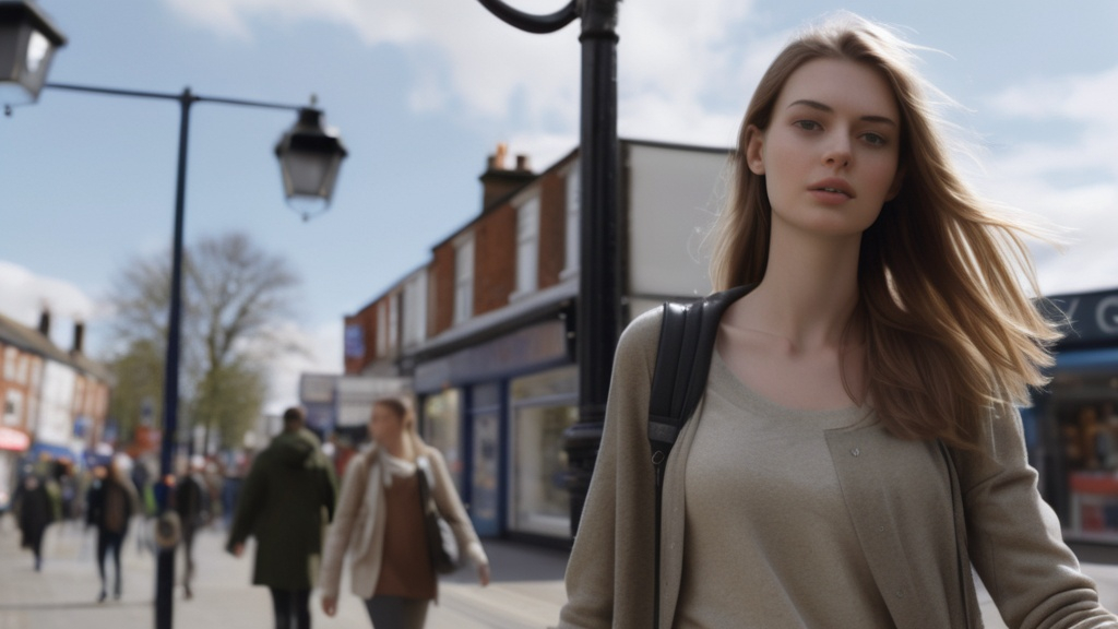Tall young woman walking down the high street, detai...