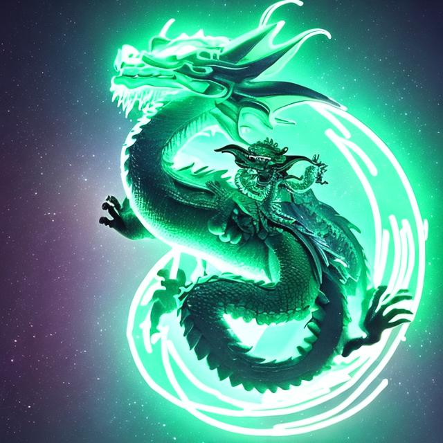 Smokey light green neon with a dragon in space hyper...