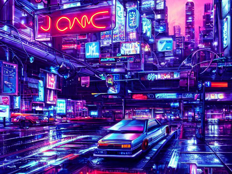 Jdm car, neon signs and city background, highly deta...