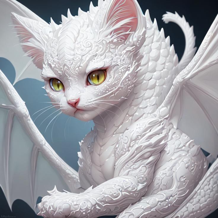 white dragon kitten made of echoes + wings + creativ...