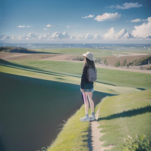 chill landscape with a girl standing in the middle o... | OpenArt