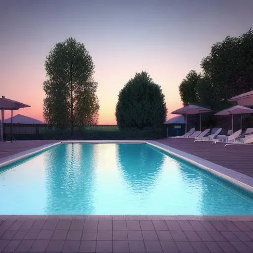 swimming pool at dawn, soft render, volumetric light... | OpenArt