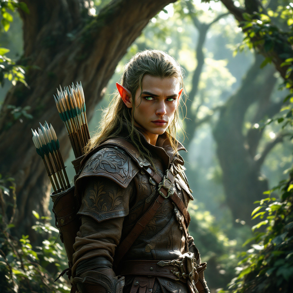 Elf ranger in a mystical forest around sunlight