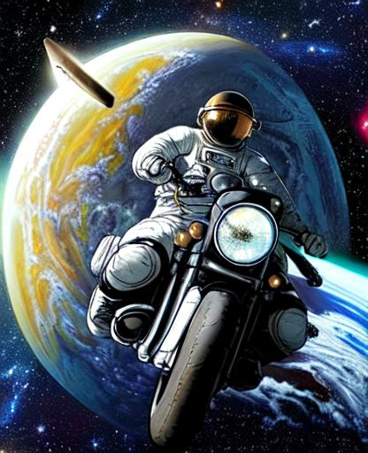Astronaut riding a motorcycle through space, galaxy,... | OpenArt