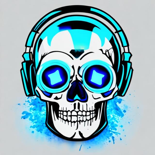 Skull head with gaming headphones in blue and white...