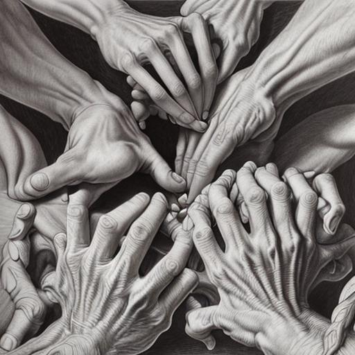 M.C. Escher, pencil drawing, detailed, fingers from...