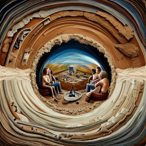Painting of people living inside the earth in a surr...
