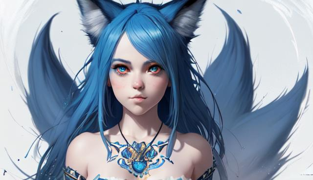 full body portrait of fox girl with blue hair and wi...