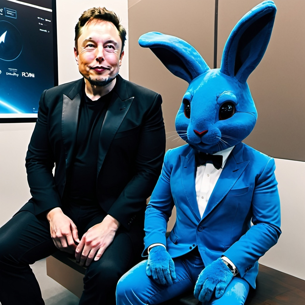 Blue rabit sitting with elon musk