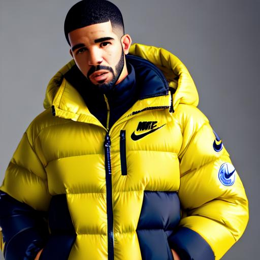 drake wearing a big puffer jacket, wearing nike shoes