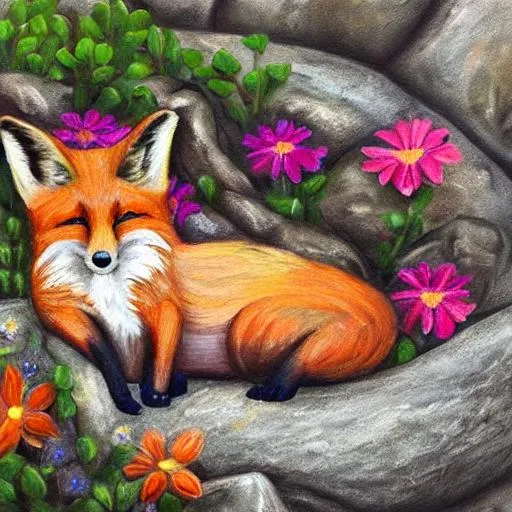 beautiful painting of a fox sleeping on a rock in th... | OpenArt