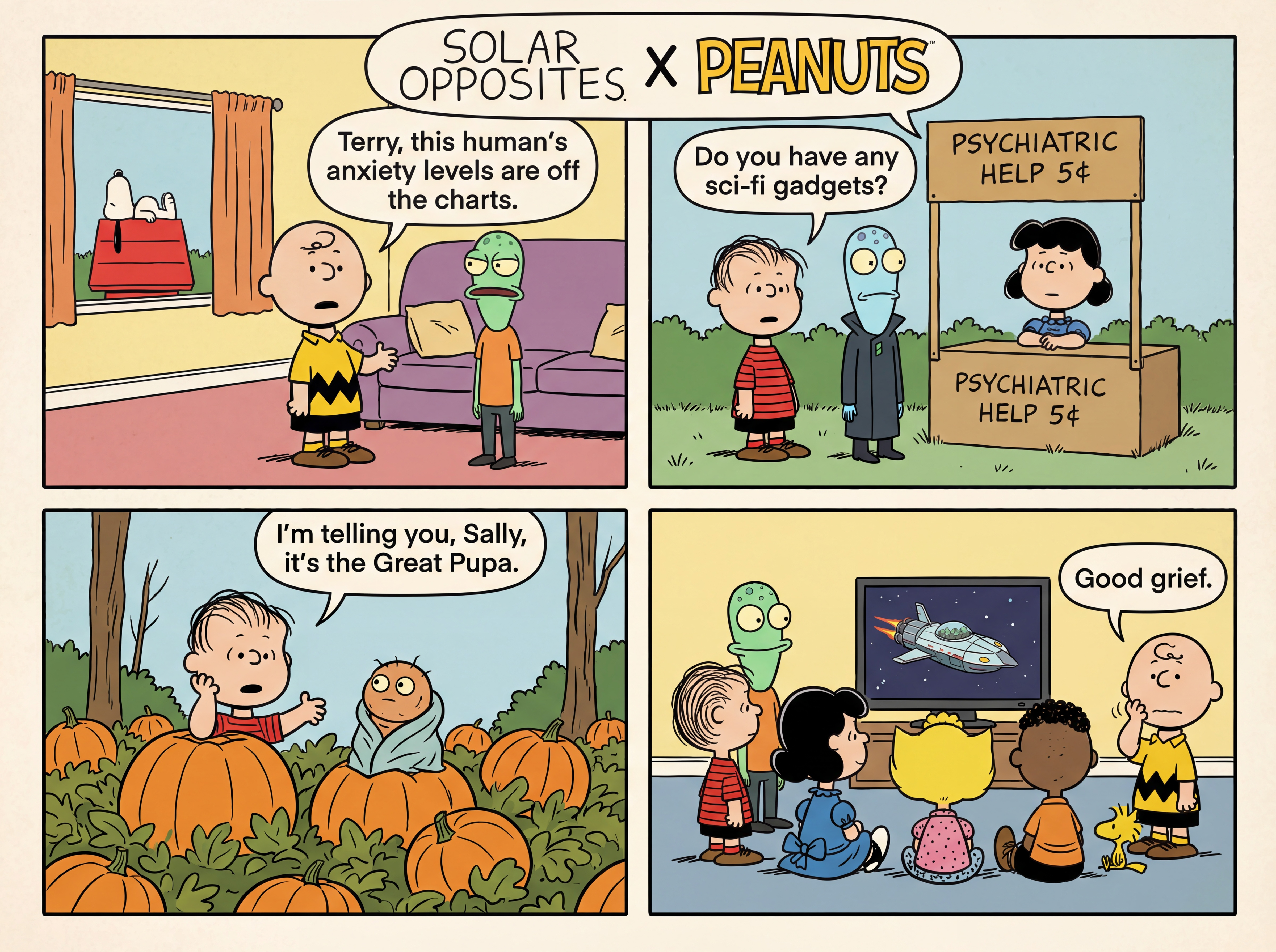 Comic page of solar opposites with peanuts characters
