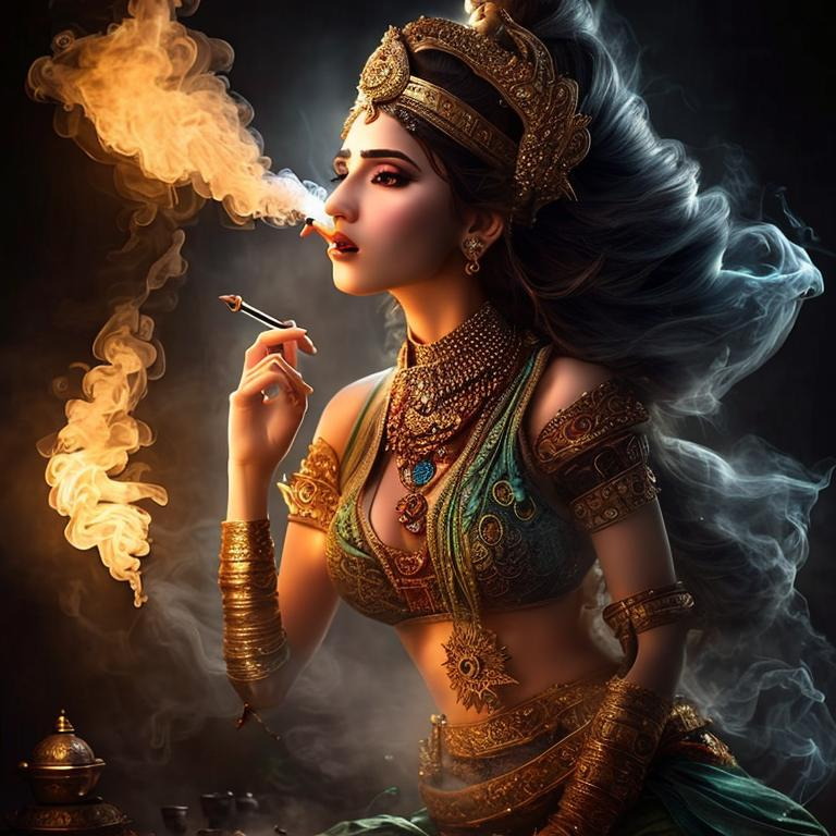 beautiful female smoke genie coming out of the magic... | OpenArt