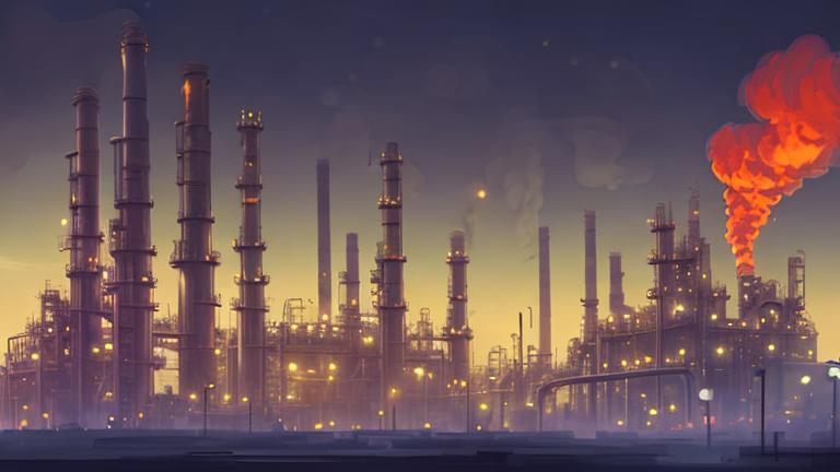 etailed, gigantic refinery, smoke, torch, science fi...