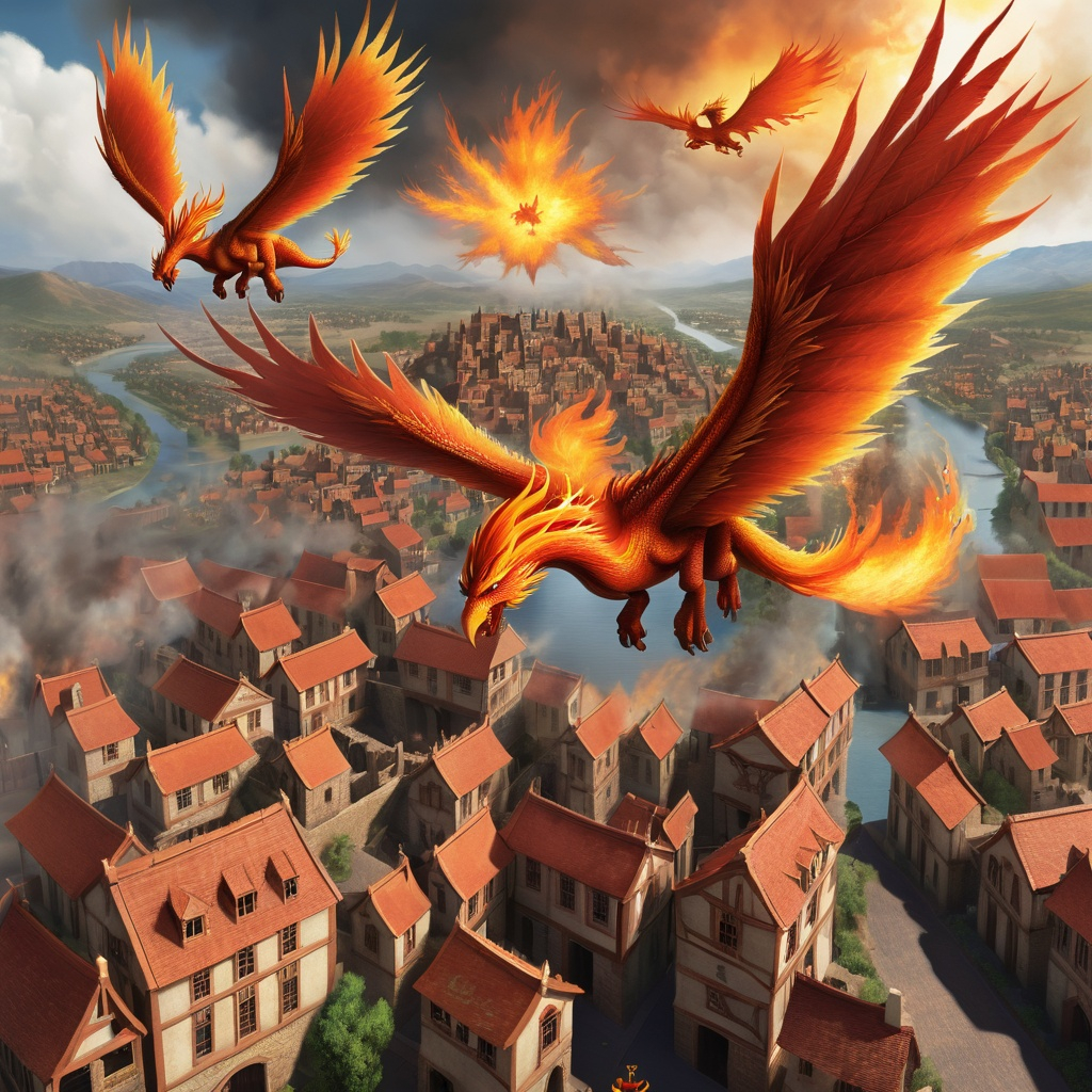 Phoenix's flying over a town from the 1700 fighting...
