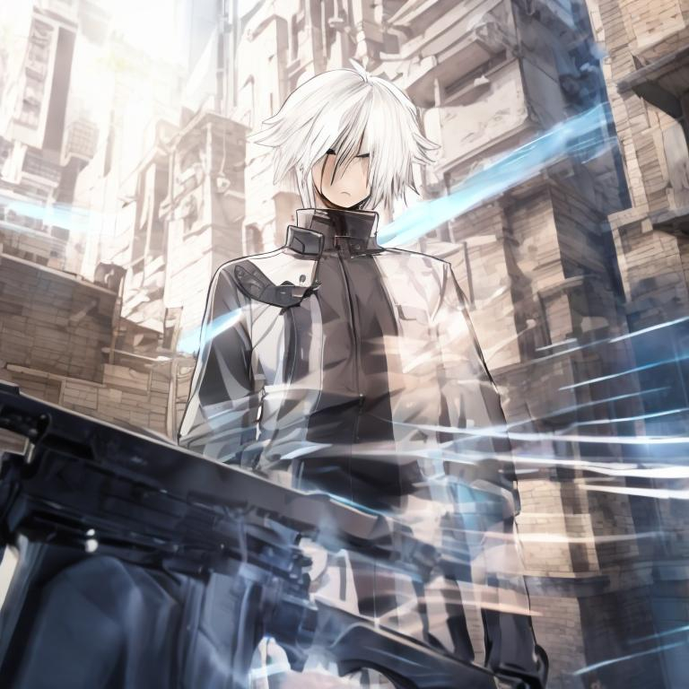 Anime character guarding a building