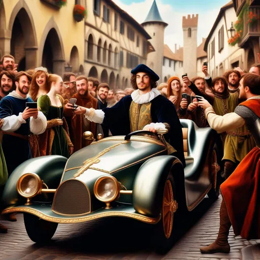 Medieval merchant driving a sportscar, dressed in ve... | OpenArt