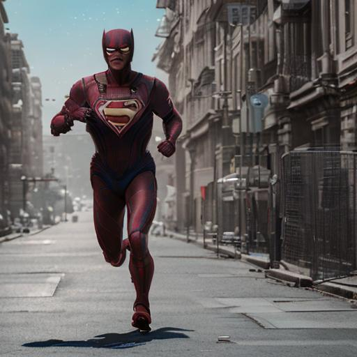 A superhero running down the street in comic book style