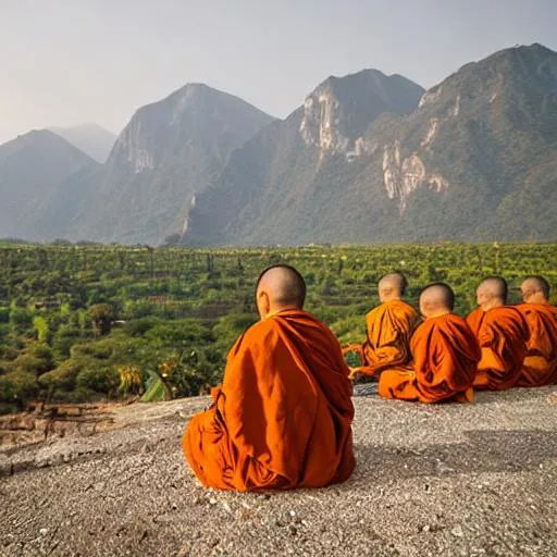 A lone orange-robed monk sits cross-legged in a lush... | OpenArt