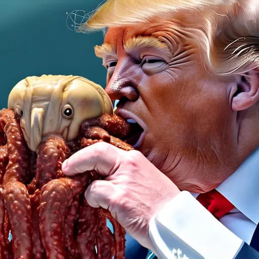 Donald Trump slurping a octupus in to his mouth