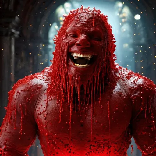 Realistic photo of blood golem happily smile in full... | OpenArt
