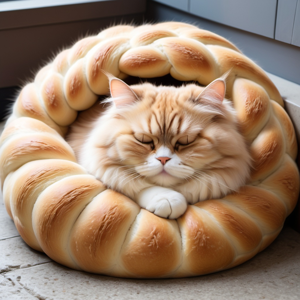 A round, fluffy cat curled up like a loaf of bread w...