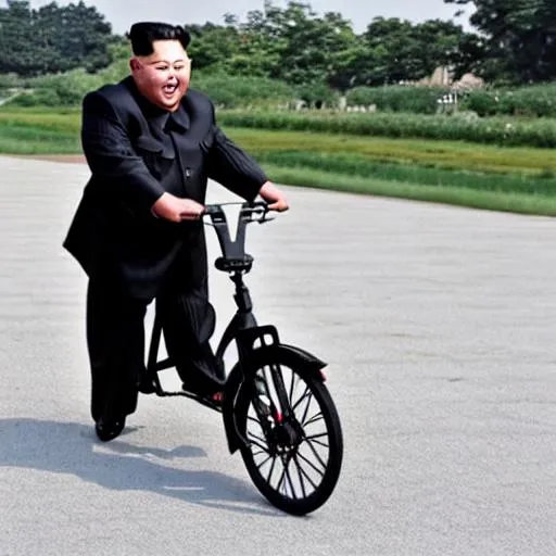 Kim Jong Un riding mini bicycle.