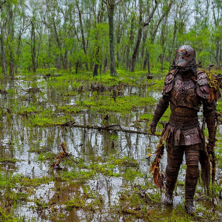 Ancient warrior in rusty armor walking in the swamp,...