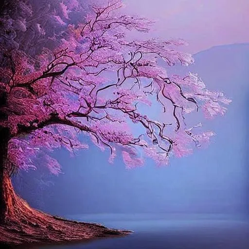 beautifull view of clif with tree with pink leaves,... | OpenArt