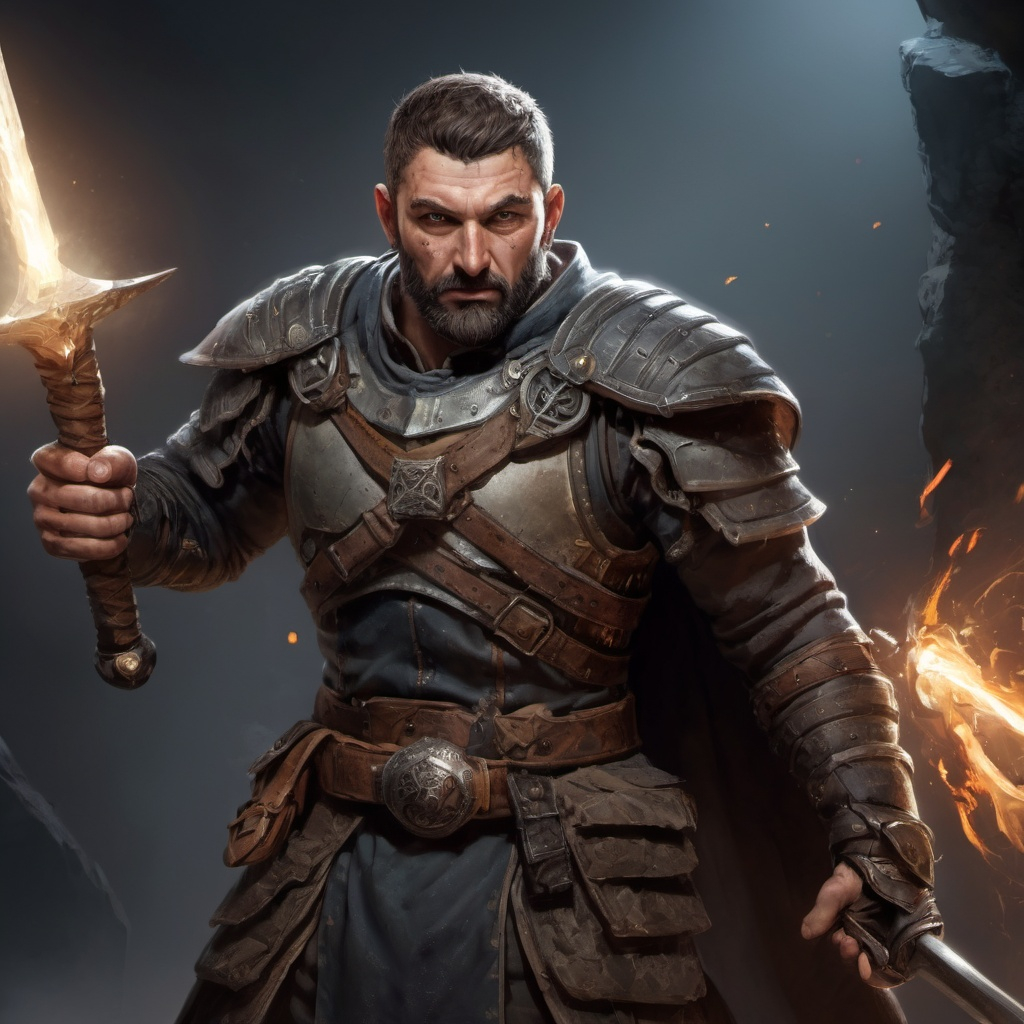 Male stocky large mature fit ranger-warrior with sho...