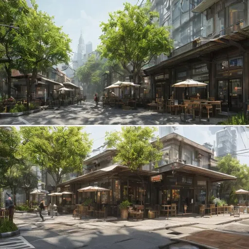 urban downtown storefront, cafe, sunny day, Realisti... | OpenArt