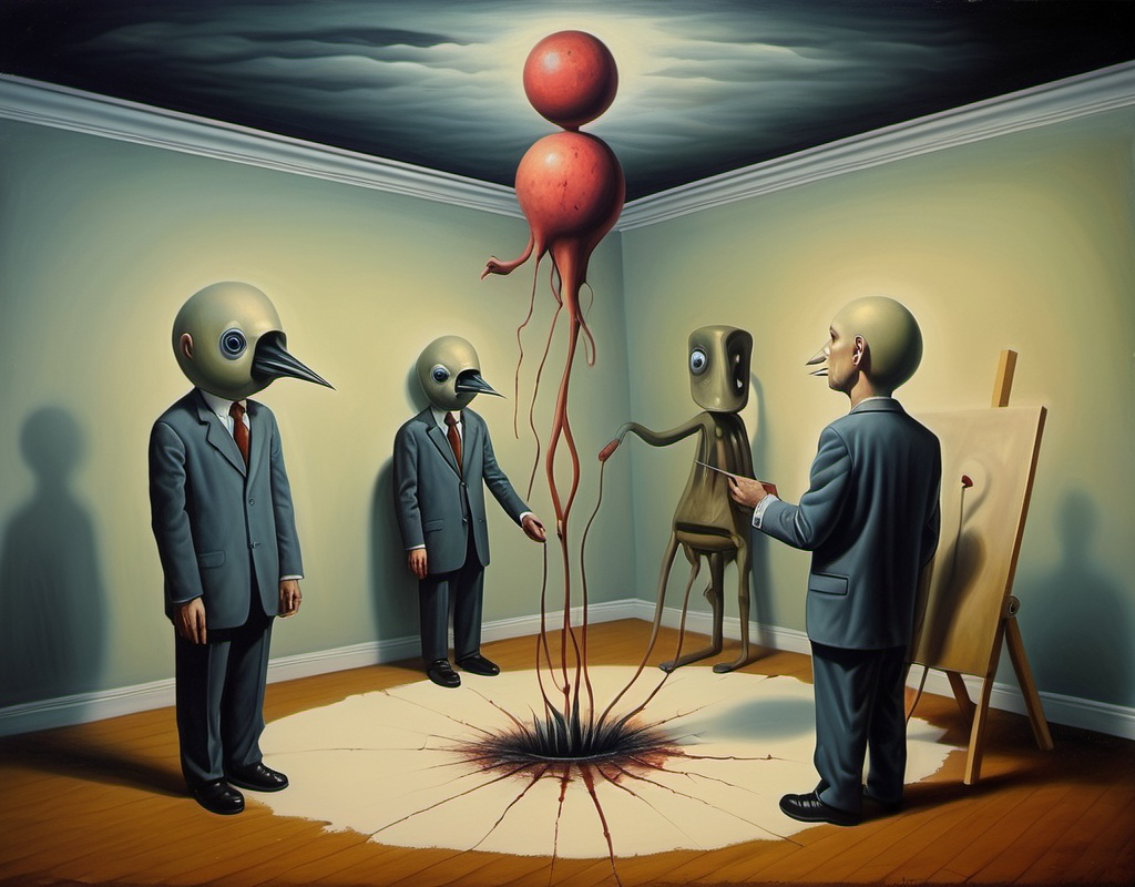 Odd human behavior. Surreal painting