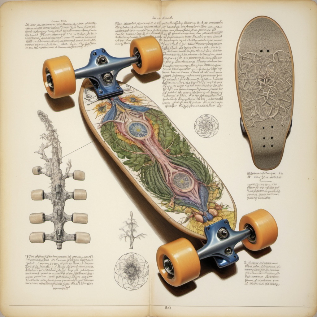 an anatomical drawing of ((skateboard, rhizome, sacr...