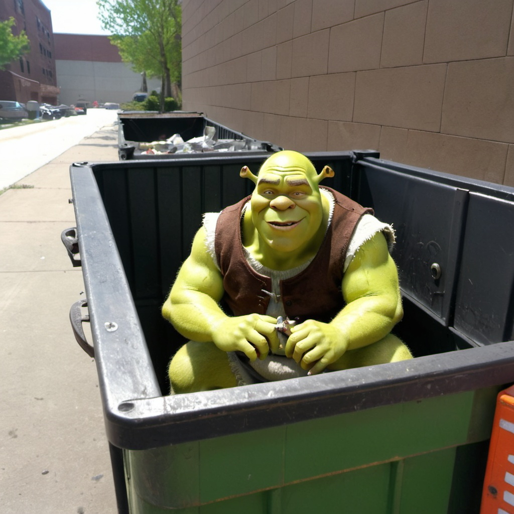shrek doing heroin in a dumpster