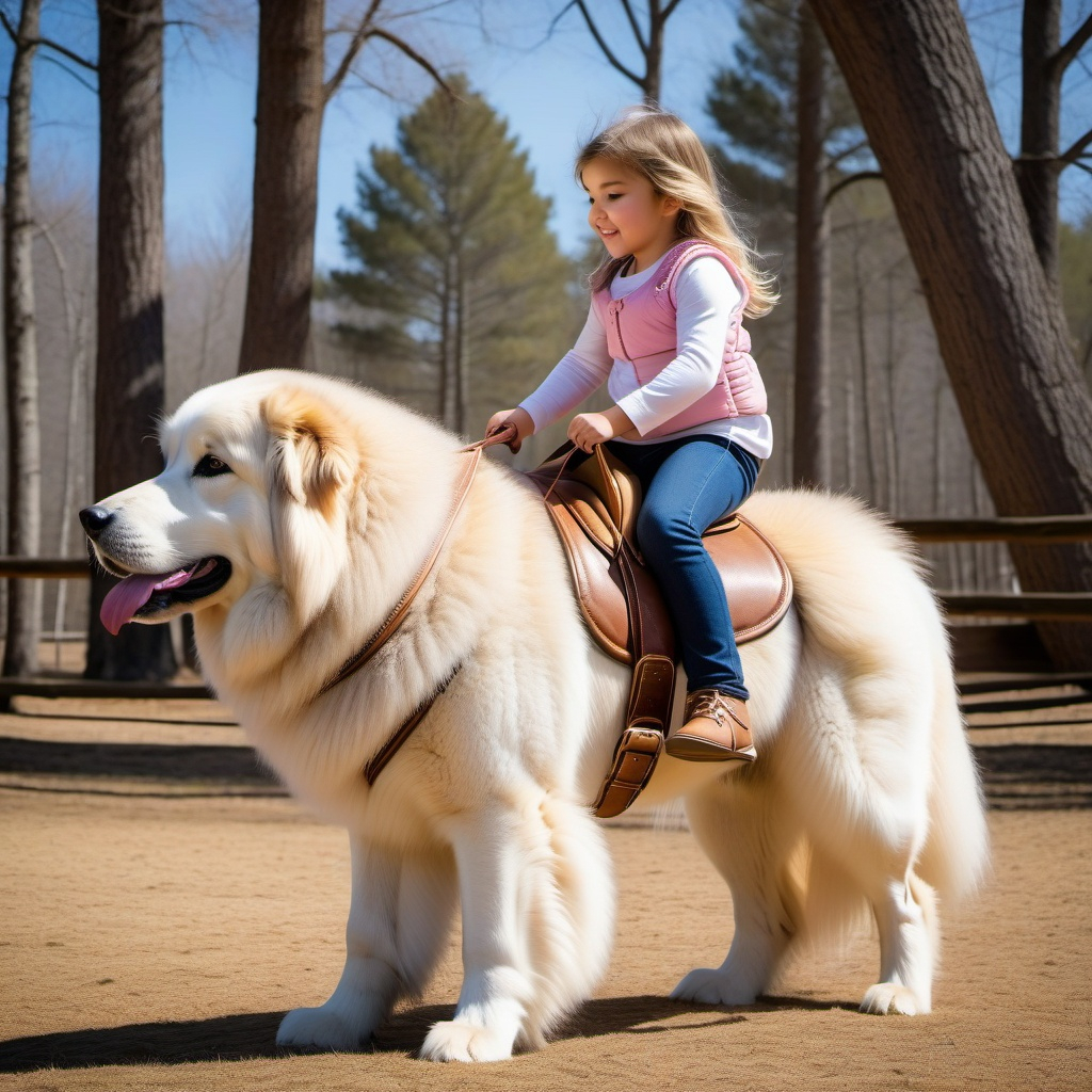 small girl mounted atop her giant canine dog, riding...